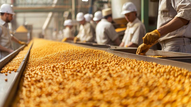 Workers Sorting Corn Kernels on Conveyor Belt in Food Processing Plant ...