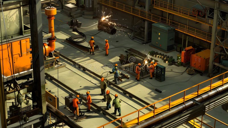 Workers Weld Metal Components in Industrial Factory Setting, a Detailed ...