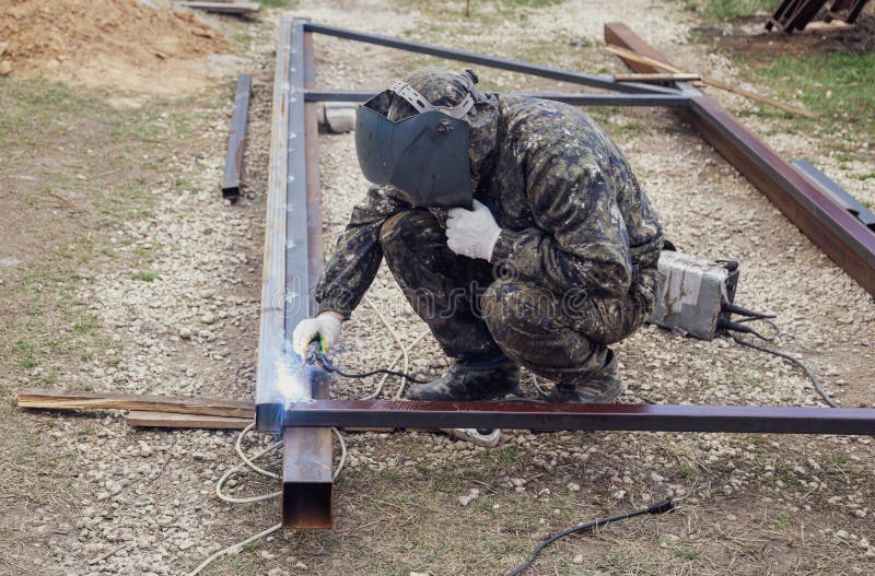 Workers Weld Metal for Sliding Gates. Stock Photo - Image of work ...