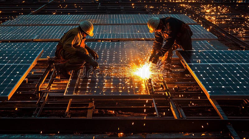 Workers Welding Frames for Solar Panels on an Installation Site Stock ...