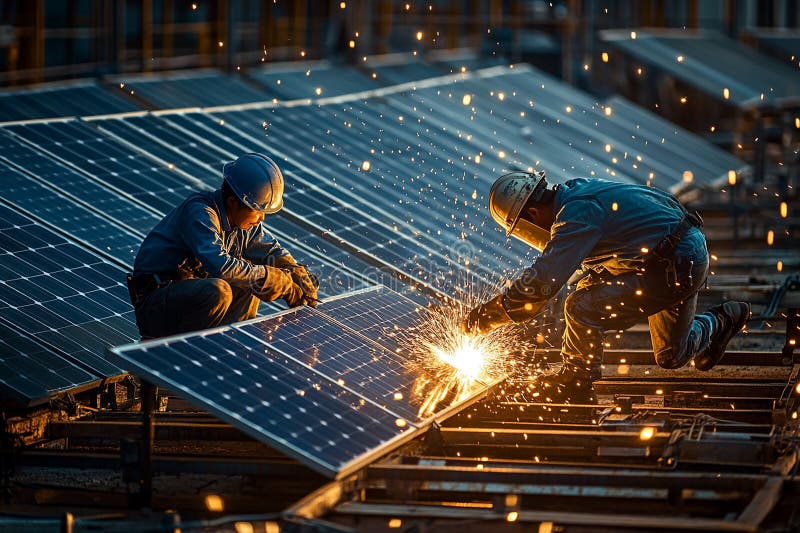 Workers Welding Frames for Solar Panels on an Installation Site Stock ...