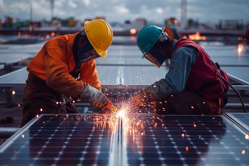 Workers Welding Frames for Solar Panels on an Installation Site Stock ...
