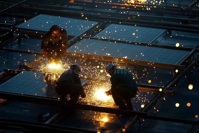 Workers Welding Frames for Solar Panels on an Installation Site Stock ...