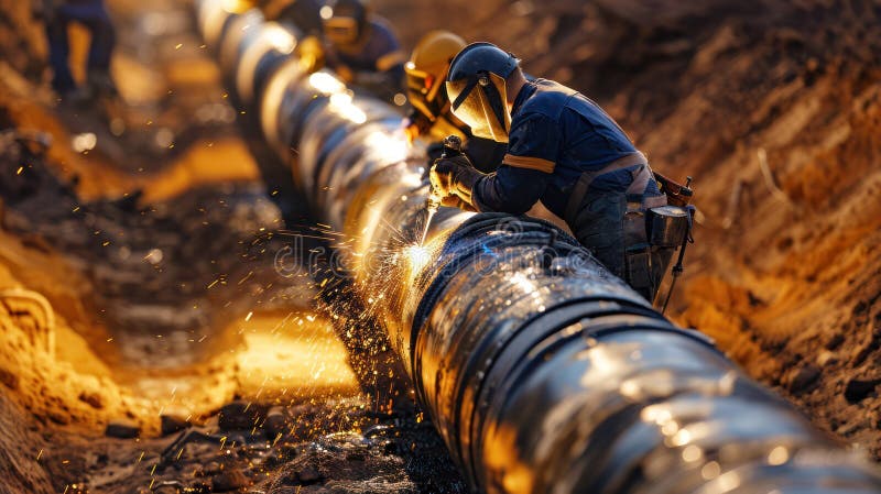 Workers Welding a Large Pipeline in a Trench at Sunrise, Showcasing Industrial Labor ...