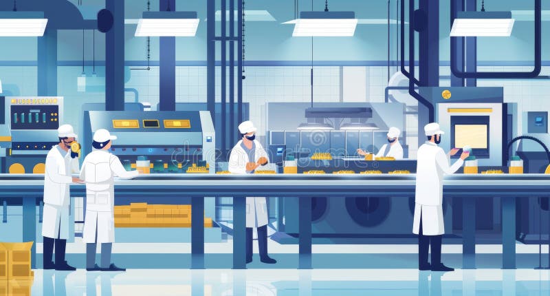 Workers in White Coats Operating Machinery in a Modern Industrial ...