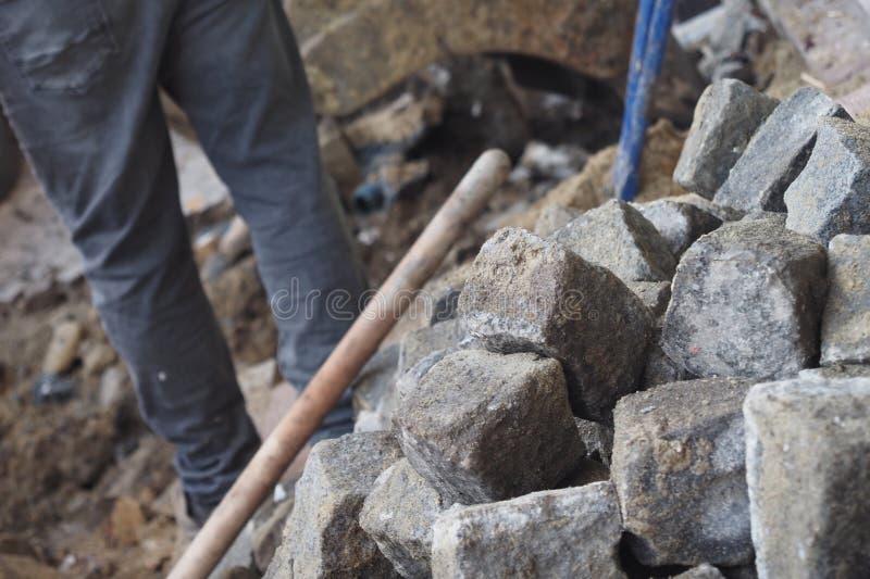 The Construction Process Involving Stone Materials on a Worksite for ...