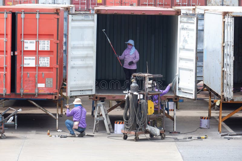 Workers Working in the Container Yard Editorial Photography - Image of ...
