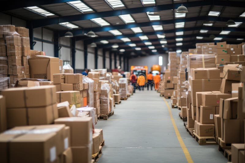 Workers Working at Post Delivery Service Warehouse with Cardboard Boxes ...