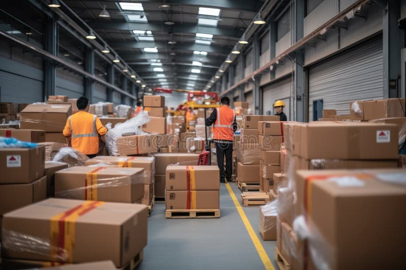 Workers Working at Post Delivery Service Warehouse with Cardboard Boxes ...