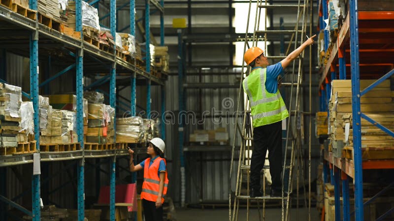Workers Working about Shipment in Logistic Distribution Warehouse with ...