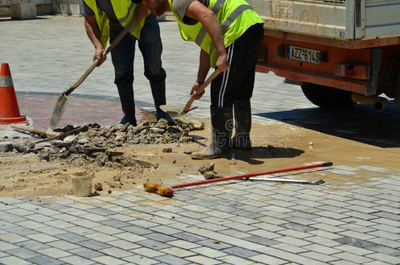 Workers Working on Street Yellow Jackets Orange Cones Editorial Stock ...