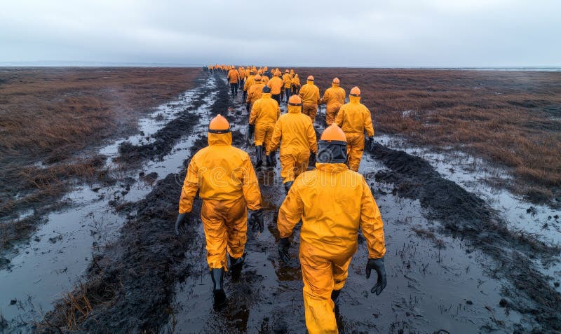Workers in Yellow Rain Gear Walking through a Muddy Terrain, Showcasing ...
