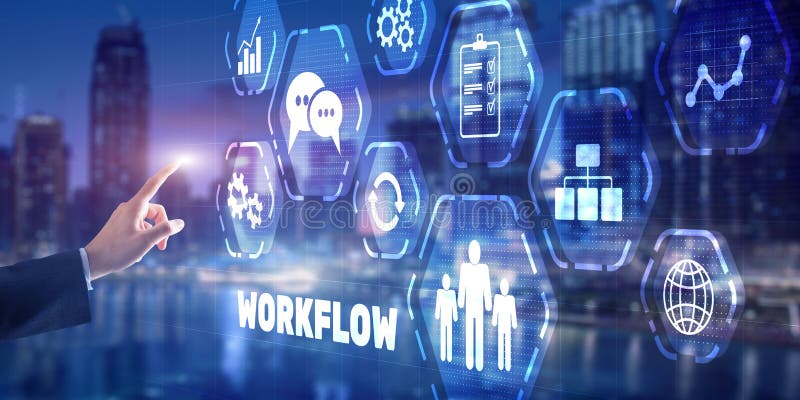 Workflow with Businessman on Blurred Abstract Background. Business ...