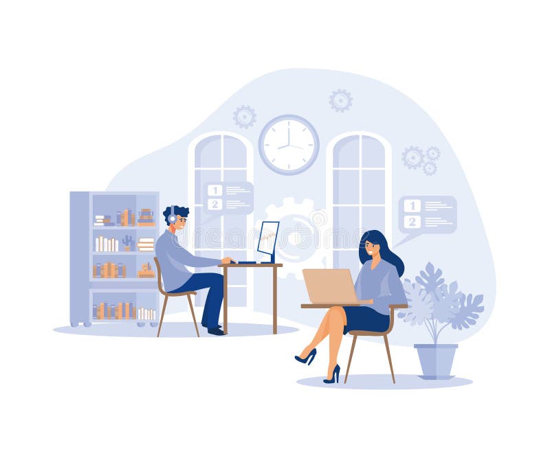 Workflow Concept, Two People, in Quiet Environment are Engaged in daily ...