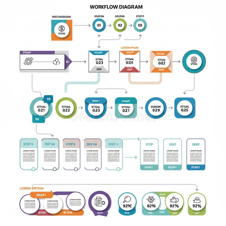 Workflow Diagram Featuring Various Steps and Processes. Circular, Rectangular, and Stock ...