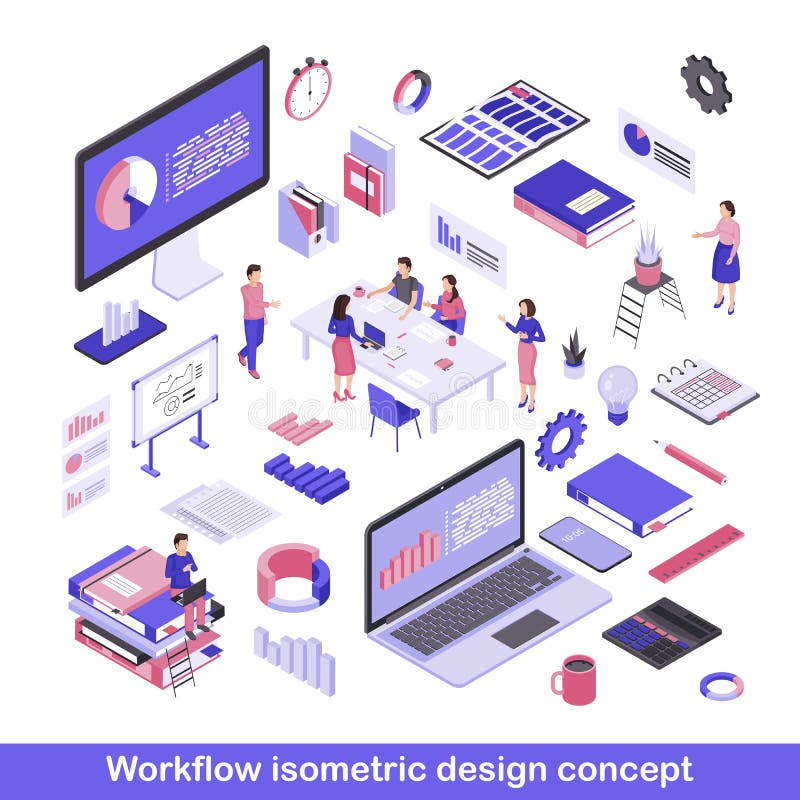 Workflow Isometric Vector Illustrations Set. Working Process ...