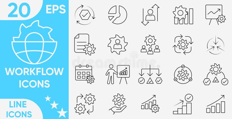 WorkFlow Line Icon Set. Planning, Progress, Server, Monitoring, Computing, Flowchart and More ...