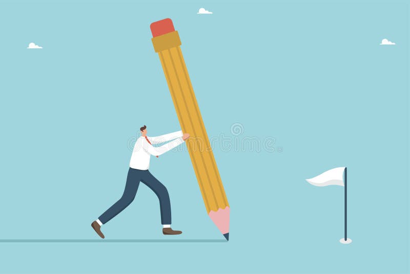 Businessman with a Huge Pencil Draws a Workflow Line To the Achievement ...