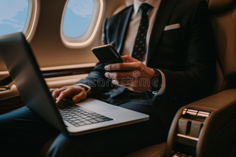 Working on Airplane, Businessman Sitting and Using Smartphone Inside ...