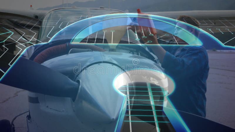 Working on Airplane Engine, Man Using Digital Interface for Animation ...