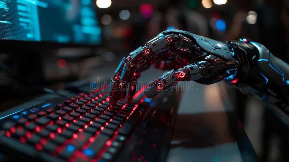 Working Alongside a Computer, a Robotic Hand Signifies the Future Shift ...