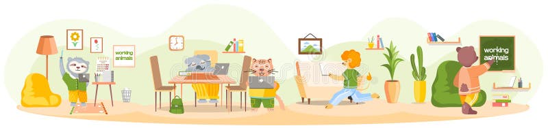 Working Animals Cute Cartoon Character Works at Home with Laptop ...