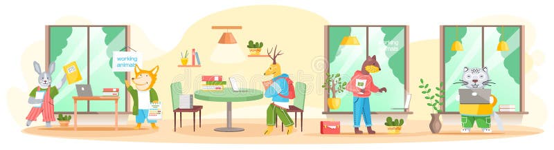 Working Animals Cute Cartoon Character Works at Home with Laptop ...