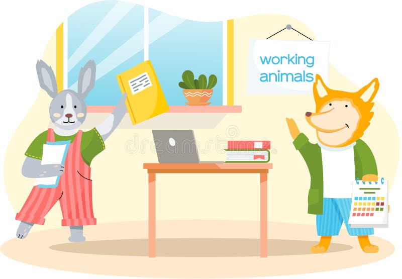Working Animals Cute Cartoon Character Works at Home with Laptop ...