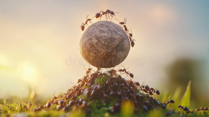 Working Ants Collaborate To Lift Stone, Showcasing Teamwork and ...