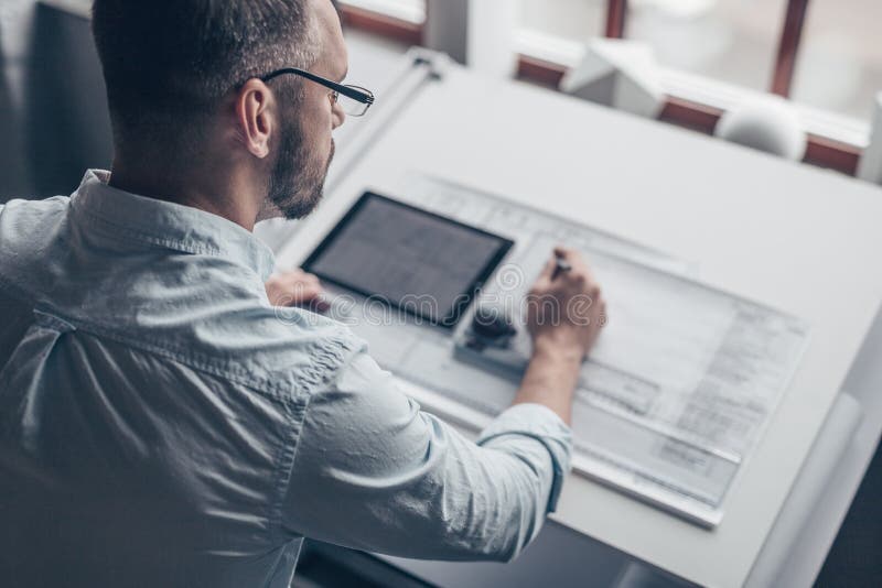 Working Architect at the Desk Stock Image - Image of pencil, interior ...