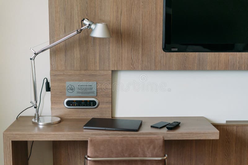 Working Area in Hotel Room, Tv, Laptop, Smartphone on the Table Stock ...