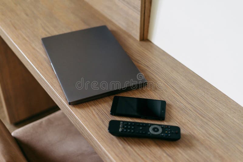 Working Area in Hotel Room, Tv, Laptop, Smartphone on the Table Stock ...