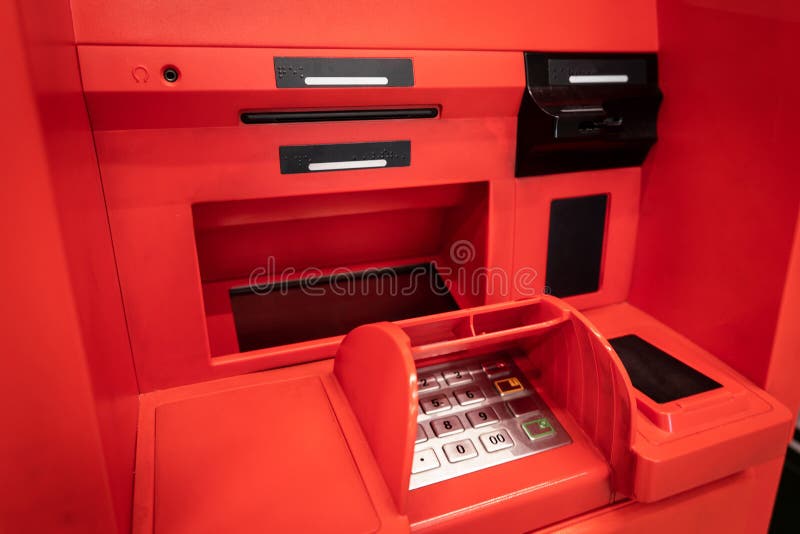 Working Area of a Red ATM with a Keyboard, a Card Reader and a Bill ...