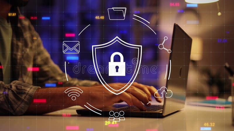 Working Artificial Intelligence. Laptop in Neon Light with Computer VPN ...