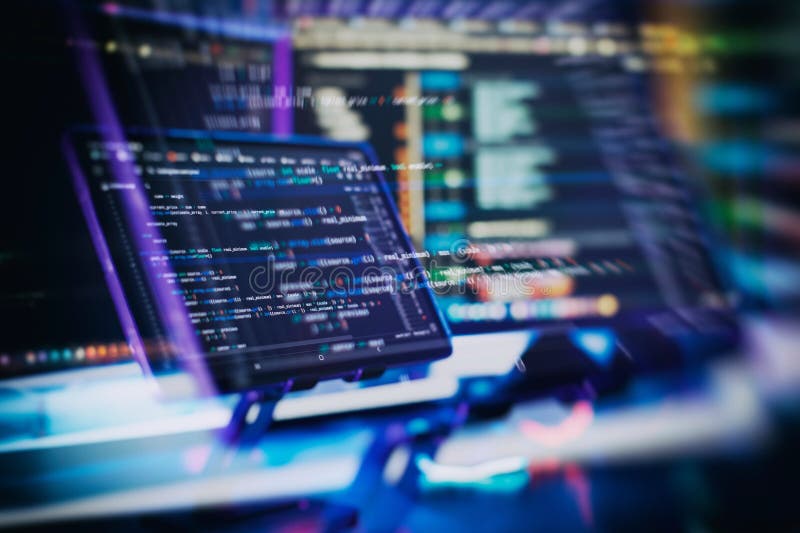 Working Atmosphere Of A Programmer At Home Background Programming Code Abstract Screen Stock