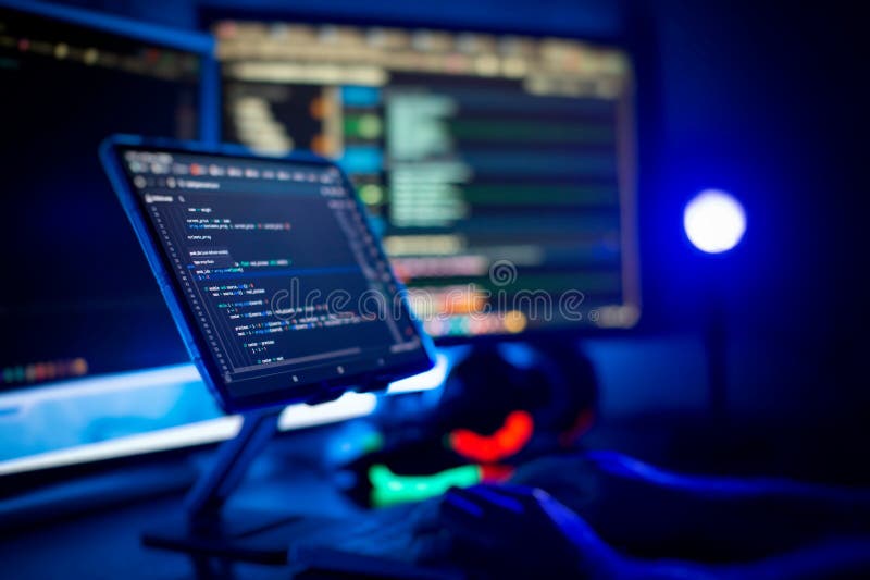 Working Atmosphere of a Programmer at Home, Background. Programming Code Abstract Screen Stock ...