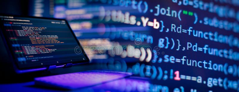 Working Atmosphere Of A Programmer At Home Background Programming Code Abstract Screen Stock