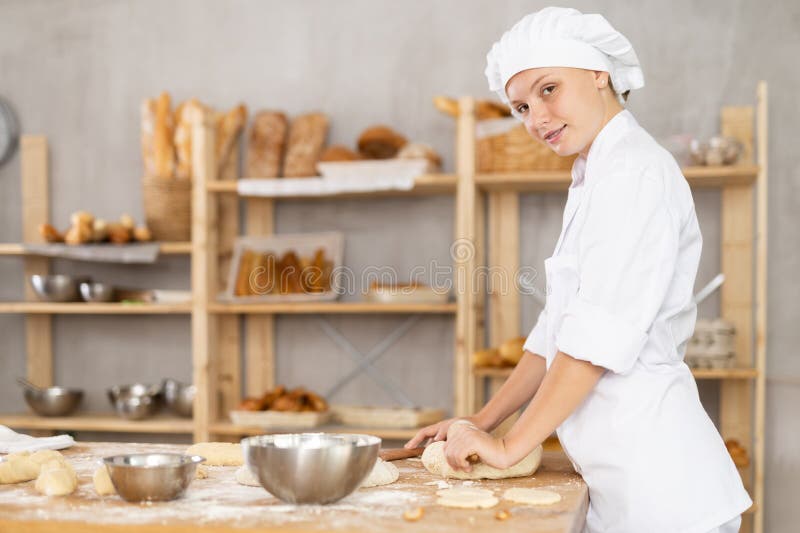 Adolescence Girl Baker Works with Rolling Pin, Rolls Out and Spreads ...