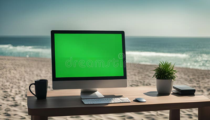 Working on a Beach with a Computer and Green Screen Stock Illustration ...