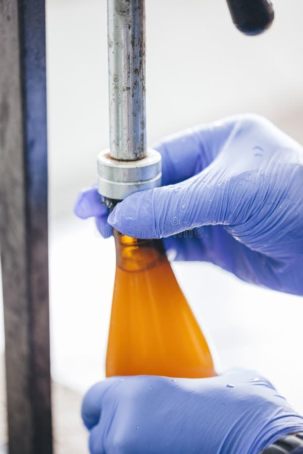 Working with Beer Bottle Capping Machine in Brewery. Stock Photo ...