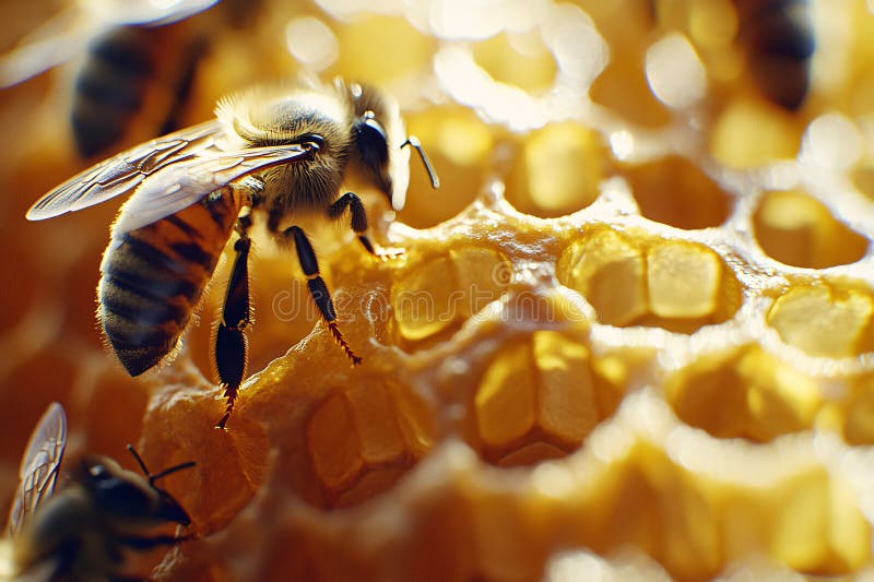 Working Bees on Honey Cell Background with Copy Space Stock ...