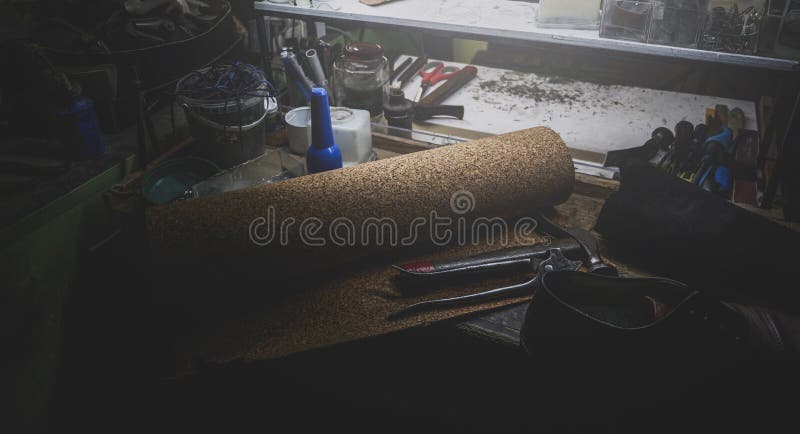 Working Bench of Cobbler with Tools and Fabric Stock Photo - Image of ...