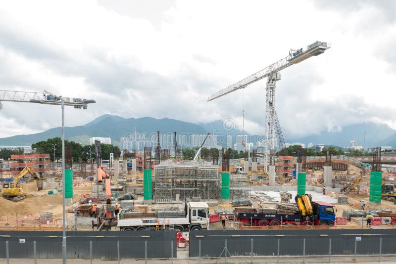Working Big Construction Site with Many Crane Working in Hong Kong ...