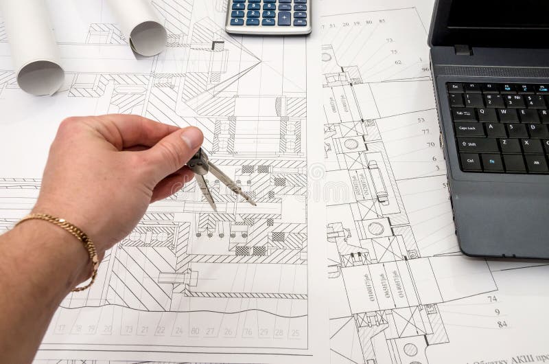 Working on Blueprint. Man Works with the Technical Drawing, Stock Photo ...