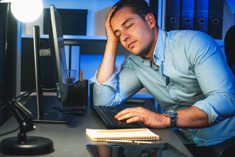 Working Businessman Sleepy Feeling with Project at Night Time. Sellable ...
