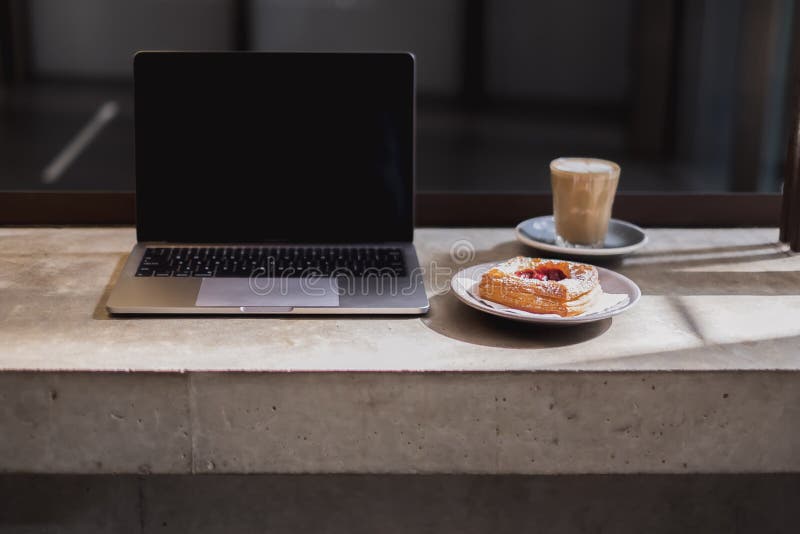 Working in the Cafe with Laptop Some Coffee and Dessert for Relaxing ...