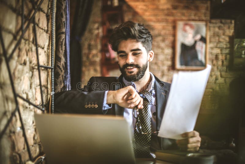 Working at Cafe is Relaxing. Young Businessman Stock Image - Image of ...