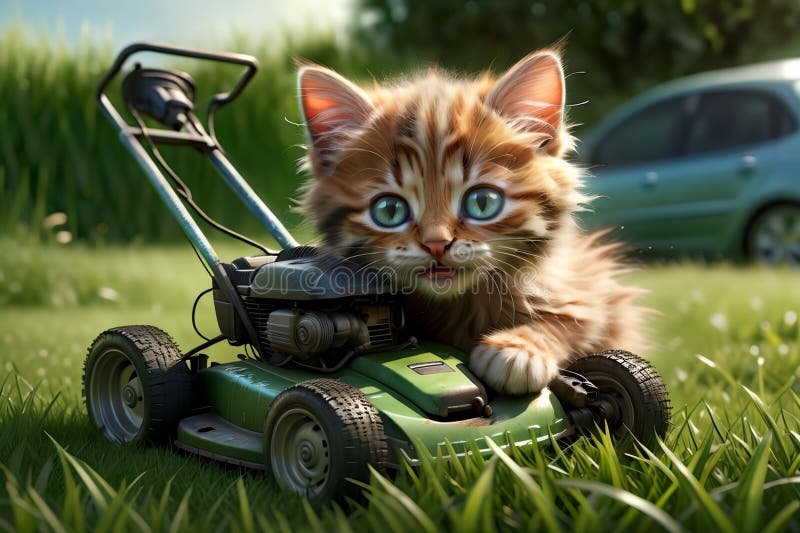 Working Cat Mowing the Grass in Summer Stock Photo - Image of cartoon ...
