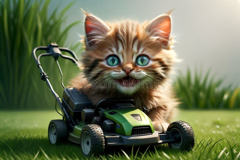 Working Cat Mowing the Grass in Summer Stock Image - Image of cartoon ...