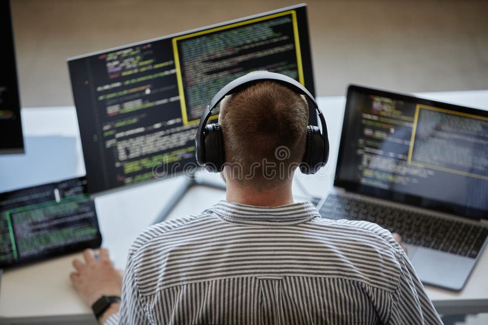Working on Code Development with Multiple Monitors Stock Image - Image of multitask, headset ...